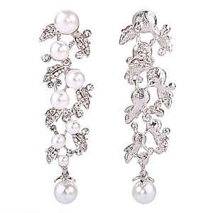 EVER FAITH Women's Austrian Crystal White Simulated Pearl Bridal Leaf Dangle Earrings Clear Silver-Tone