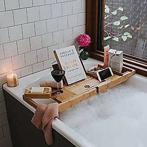 Bamboo Bathtub Caddy Tray for Tub- Expandable Bath Tray - Adjustable Organizer Tray for Bathroom for Luxury Spa - Book Holder, Tablet Smartphone and Wine Holder (Natural) by Pristine Bamboo