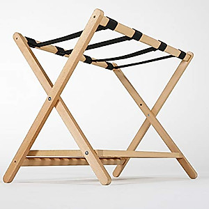 M&T Displays Beech Wood Folding Luggage Rack Travel Suitcase with Woolen Strips and Shelf for Home Hotel Gym Spa Guest Room 200 lbs Carriage Capacity Natural Wood 18x30 Inches