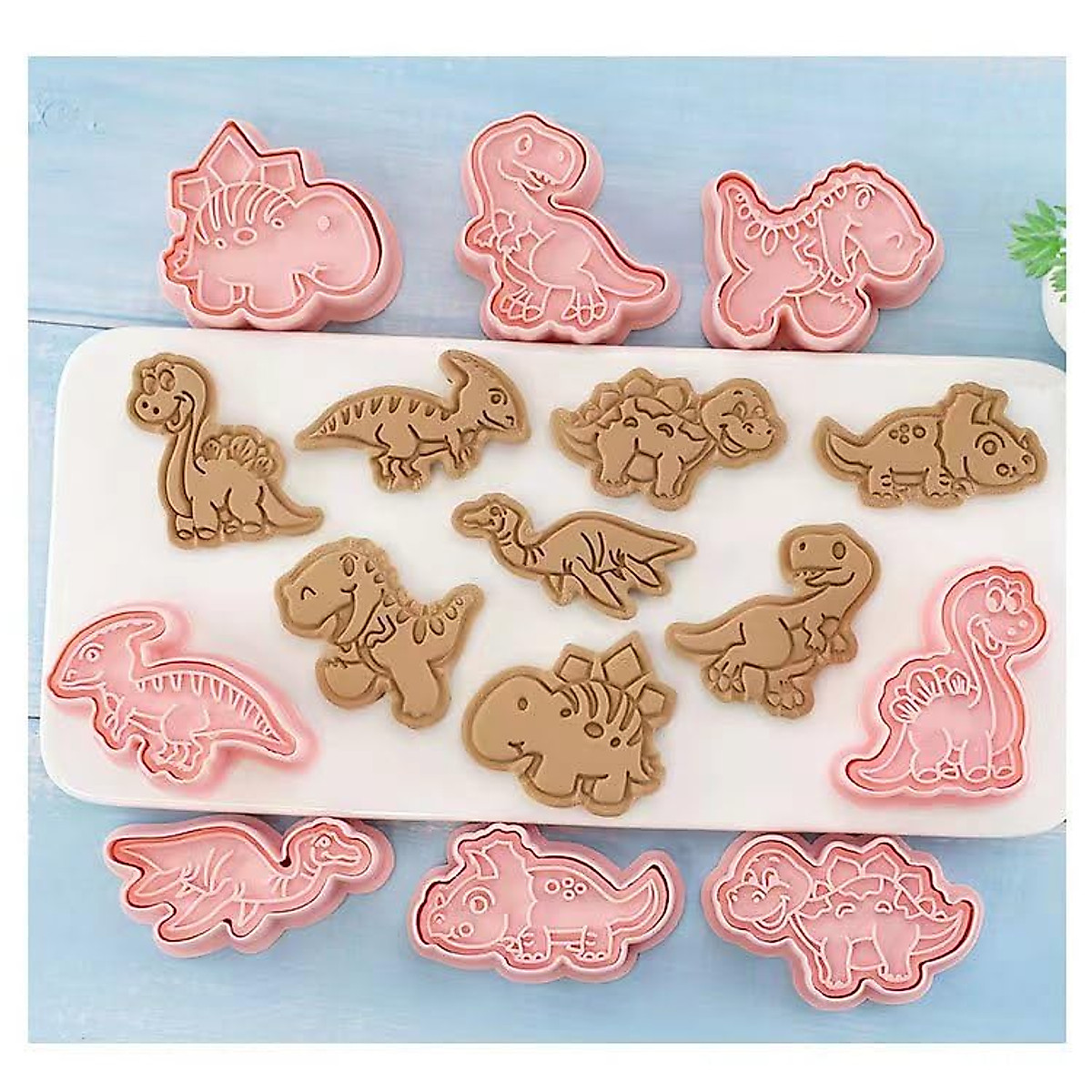 8 Pieces Dinosaur Cookie Cutters Set, Cute Cartoon Cookie Cutters for Kids, Plastic Stamped Embossed Dino Biscuit Molds Set, Kitchen BakingTools for Baby Shower, Birthday, Halloween, Christmas, Pink