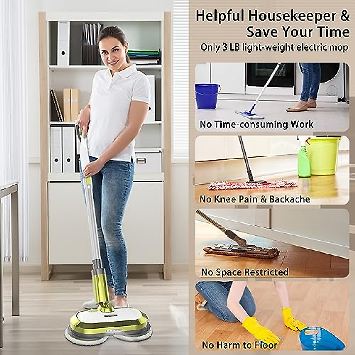 Cordless Electric Mop, Electric Spin Mop with LED Headlight and Water Spray, Up to 60 mins Powerful Floor Cleaner with 300ml Water Tank, Polisher for Hardwood, Tile Floors, Quiet Cleaning & Waxing