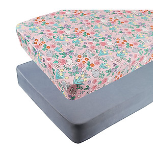 Tontukatu Bassinet Sheet Set 2 Pack Snug Fitted Cradle Fitted Sheets, Stretchy Ultra Soft, for Oval Rectangle Hourglass Bassinet Mattress, Unisex Boy Girl, Floral Rabbit & Grey