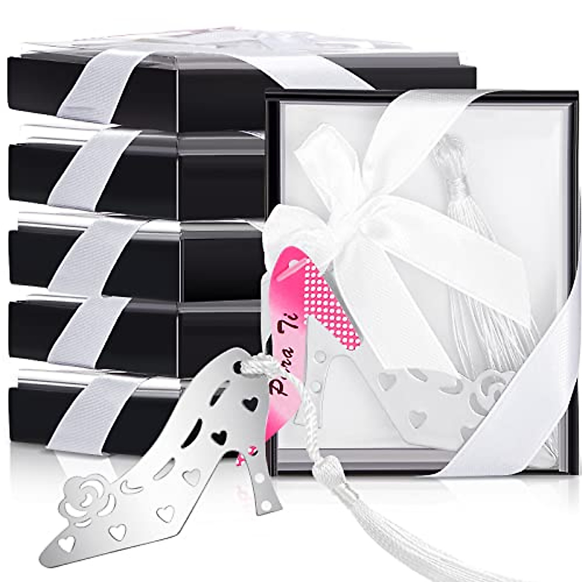 50 Pack Quinceanera Party Favors for Guests Quinceanera Gift Bookmark 15 Year Old Girl Gifts for Birthday Silver Women High Heels Bookmark with Gift Box for Women Girls Book Lover Readers Gifts
