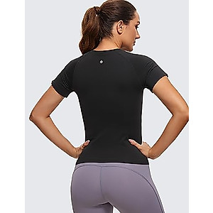CRZ YOGA Women's Seamless Workout Tops Breathable Short Sleeve Gym Shirts Running Yoga Athletic T-Shirts Black Medium