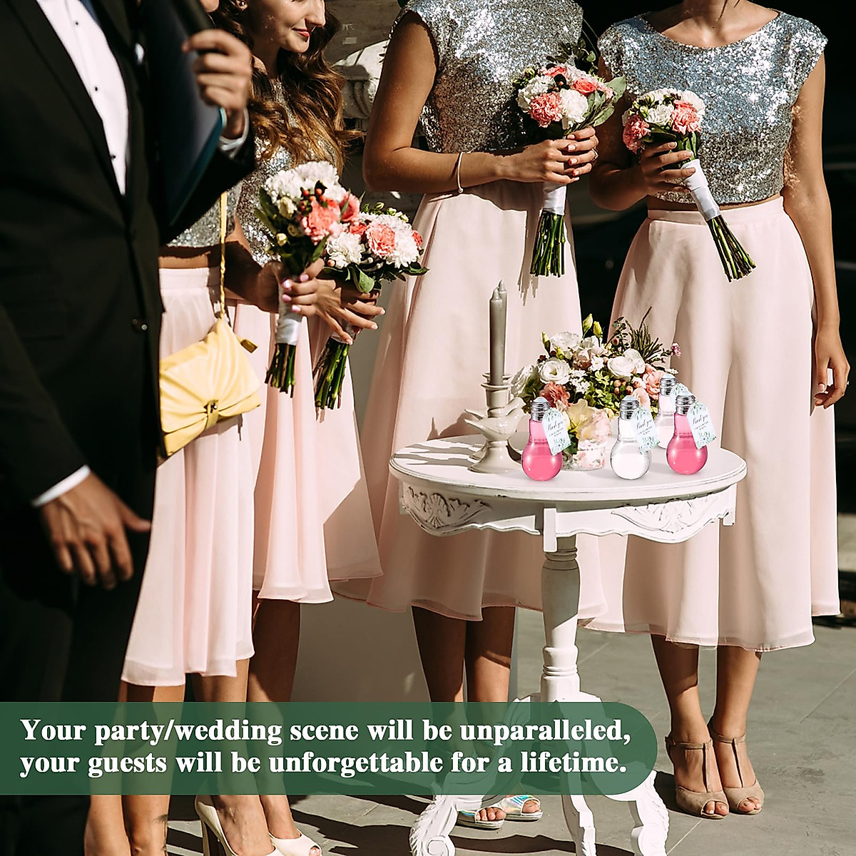 Tessco 48 Sets 100 ml Plastic Light Bulb Jars Clear Candy Containers for Party Favors with Labels and Strings Fillable Lightbulb Jar Ornaments for Wedding Party Drink DIY Crafts, Silver