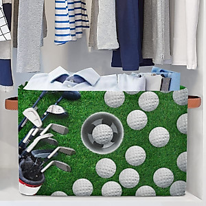 OMFUNS Golf Ball Storage Basket, Sport Golf Ball Foldable Storage Bin with Handle Fabric Rectangular Storage Box Organizer for Closet Shelf Home Office Nursery Toy Basket, 1 Pack