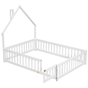 Harper & Bright Designs Kids Full Floor Bed with Rails & House-Shaped Headboard, Wooden Full Montessori Floor Bed Frame, Full Playhouse Bed for Kids Teens Girls Boys (White)