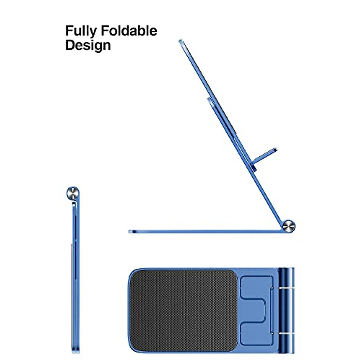 MEISO Cell Phone Stand, Fully Foldable Phone Holder for Desk, Desktop Mobile Phone Cradle Dock Compatible with iPhone, Samsung Galaxy, iPad Mini, Tablets Up to 10” (Navy Blue)