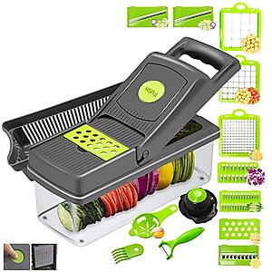 Vegetable Chopper 16 in 1, 9 Blade Veggie Food Chopper with Container 1.2L, Slicer Dicer Cutter with Self-Cleaning Button for Kitchen Onion Garlic Potato Salad