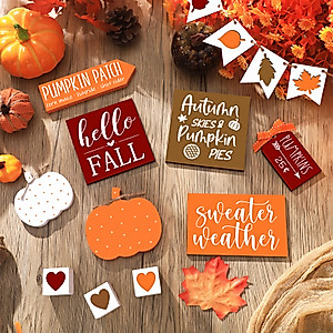 Sumind 15 Pcs Fall Tiered Tray Decor Set Hello Fall Decor Autumn Wood Signs Thanksgiving Orange Brown Table Signs Farmhouse Wooden Maple Pumpkin Gnomes Tabletop for Festival Home Decor(Autumn)