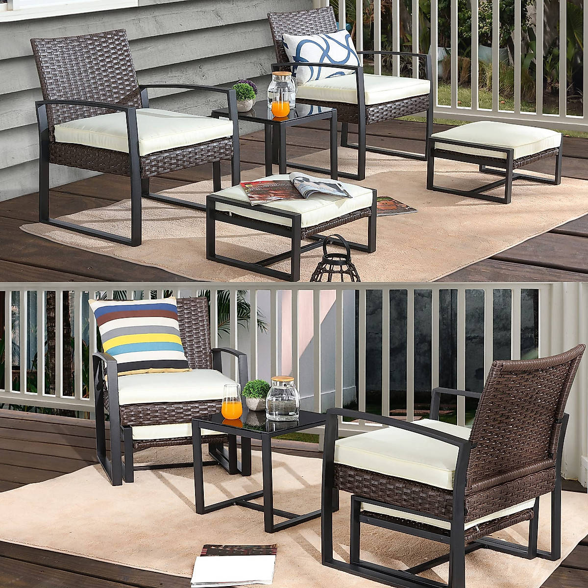 PatioFestival Patio Conversation Set 5 Pieces Outdoor Wicker Furniture Sets Chairs with Ottoman 3.1" Thickness Cushions (Beige)