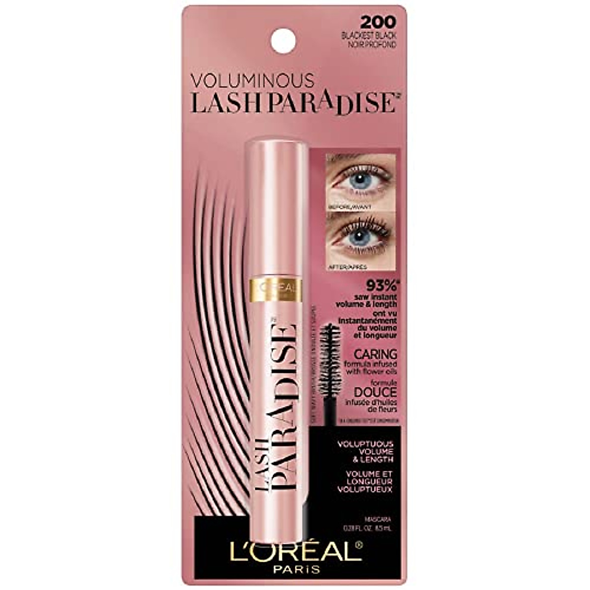 L'Oreal Paris Voluminous Makeup Lash Paradise Mascara, Voluptuous Volume, Intense Length, Feathery Soft Full Lashes, No Flaking, No Smudging, No Clumping, Blackest Black, 1 Count