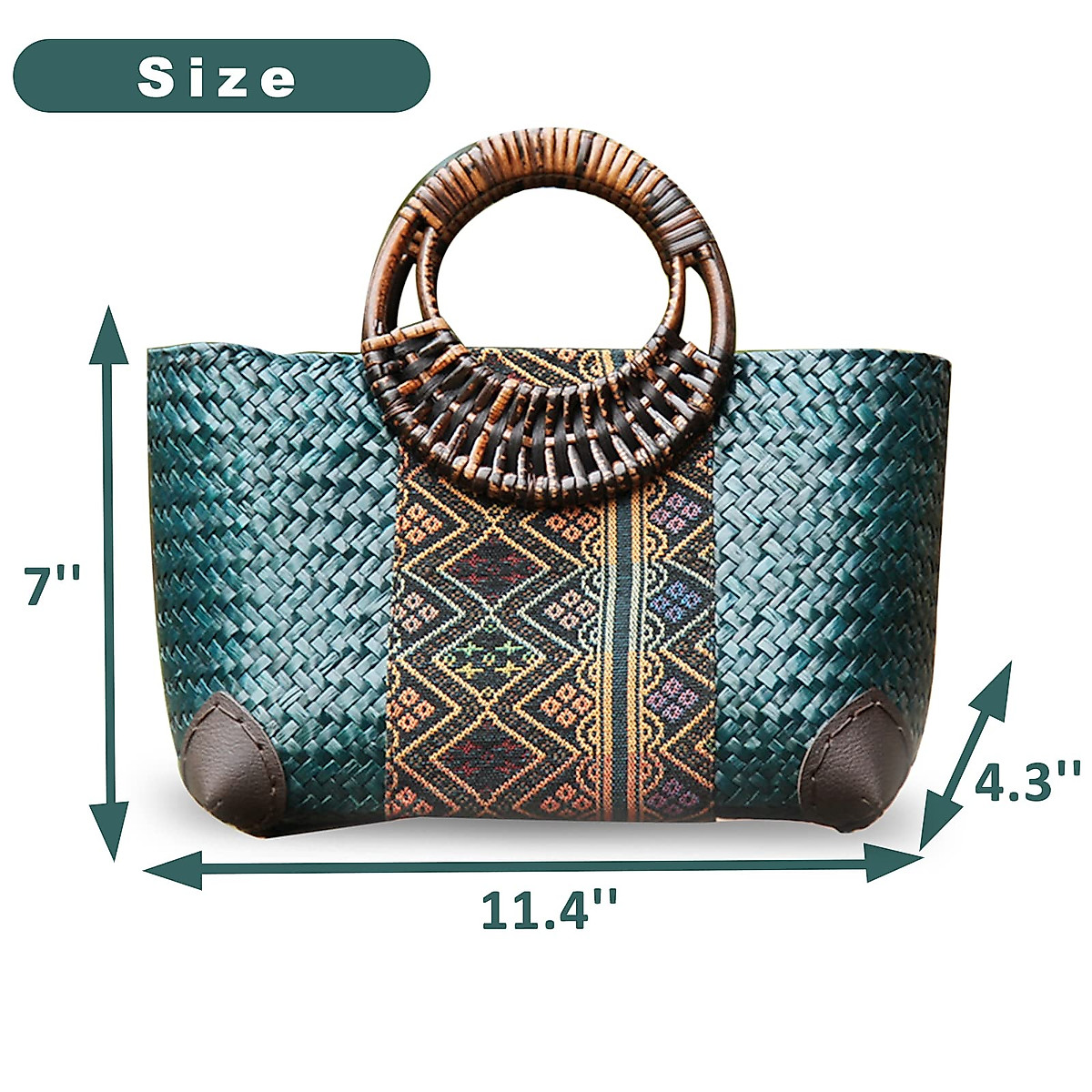 QTKJ Beach Bag for Women, Handmade Rattan Tote Bag, Round Bamboo Handle, Boho Retro pattern Straw Woven Handbag, Large Summer Beach Vacation Bag (Blue)