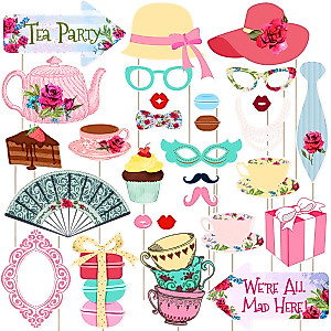 LUOEM Tea Party Photo Booth Props Funny Tea Party Supplies for Wedding Bachelorette Engagement Birthday Bridal Shower Christmas Party Decorations (30 Pack)