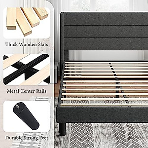 iPormis Full Size Bed Frame with Wingback, Modern Upholstered Platform Bed with 8'' Under-Bed Storage, Fabric Headboard, Wood Slats Support, No Box Spring Needed, Noise-Free, Easy Assembly, Dark Gray