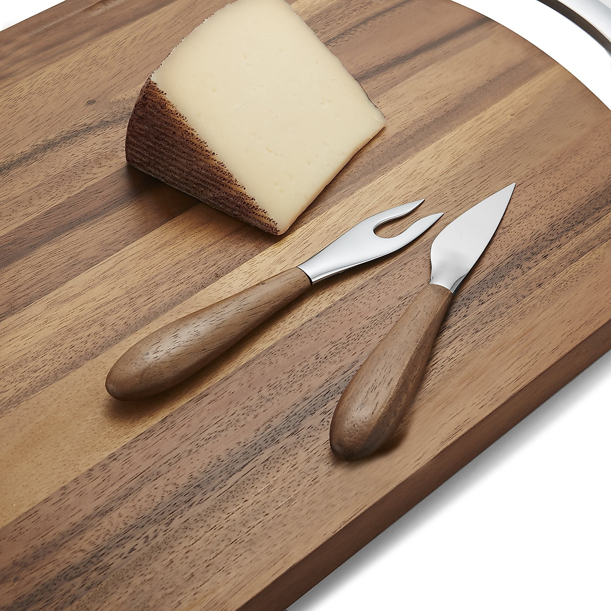 nambe Curvo Cheese Set | Cheese Knife and Fork Utensil Set for Charcuterie Board | Made of Stainless Steel and Acacia Wood | Designed by Steve Cozzolino