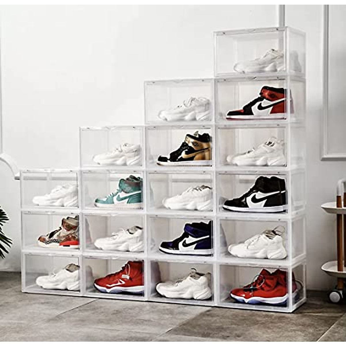 EZB - Magnetic Shoe Storage Box Drop Side/Front Sneaker Case Stackable Container XL (Crystal Clear, 2 Pack)