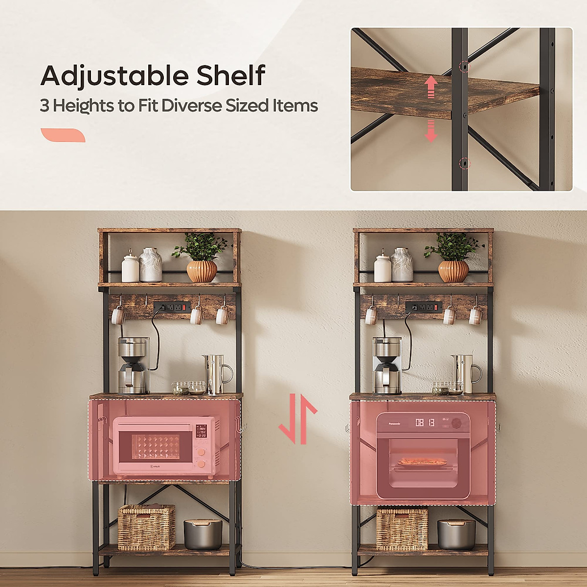 Bestier Bakers Rack with Power Outlets, Height Adjustable Microwave Stand, Kitchen Storage Shelf Rack with 8 S-shaped Hooks, Coffee Bar Table 5 Tiers Rustic