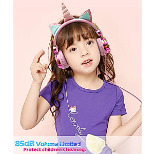 SVYHUOK Girls Pink Unicorn Wired Headphones,Cute Cat Ear Kids Game Headset for Boys Teens Tablet Laptop PC,Over Ear Children Headset withMic,for School Birthday Xmas Gifts