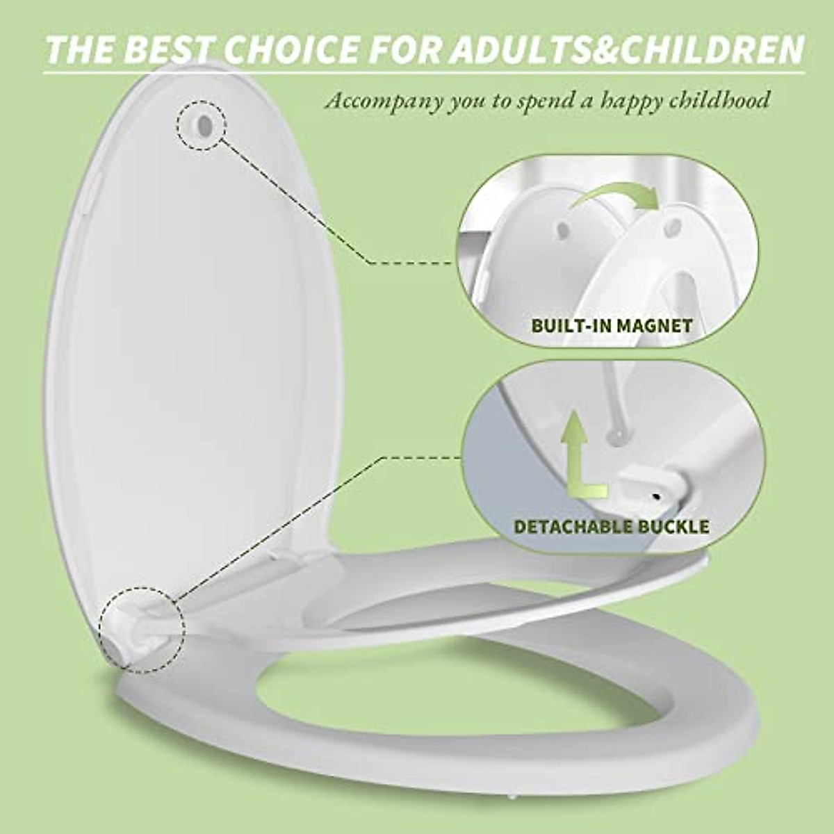 Toilet Seat with Toddler Seat Built in, Potty Training Toilet Seat, Magnetic Kids Toilet Seat, Slow Close, Thicken Plastic Easy to Clean, Removable and Never Loosen,Fits both Adults Child, White 18.5”