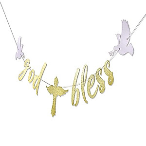 YESSWL God Bless Banner - Golden Glitter Boy/girl Baptism Banner, God Bless Banner Baptism, First Holy Communion Baby Shower Banner Party Decorations, Baby Baptism Shower