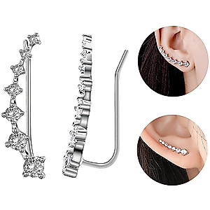 7 Crystals Ear Cuffs Hoop Climber S925 Sterling Silver Earrings Hypoallergenic Earring