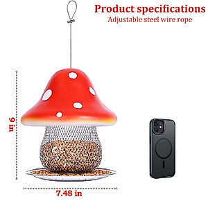 Red Mushroom Solar Bird Feeders - Outdoors Hanging Bird Feeders, Metal Wild Bird Feeder Made of Stainless Steel for Cardinals Bird Seed Feeder Large Capacity birdfeeders is Gift for Mother.
