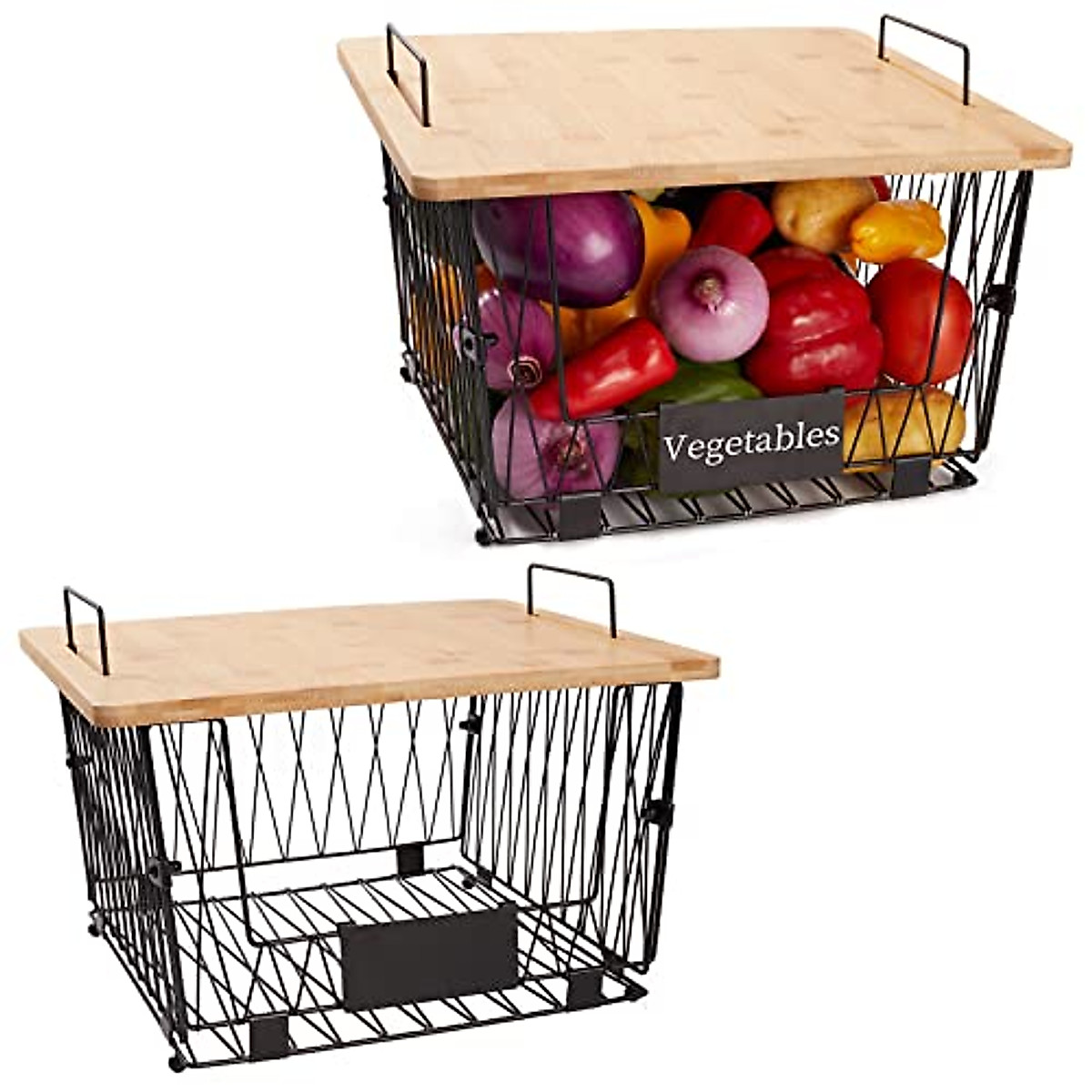 2 Pack Stackable Wire Storage Baskets with Wood Lid- Kitchen Countertop Organizer for Fruit Vegetable -Large Metal Bin for Pantry Organization and Storage, Black