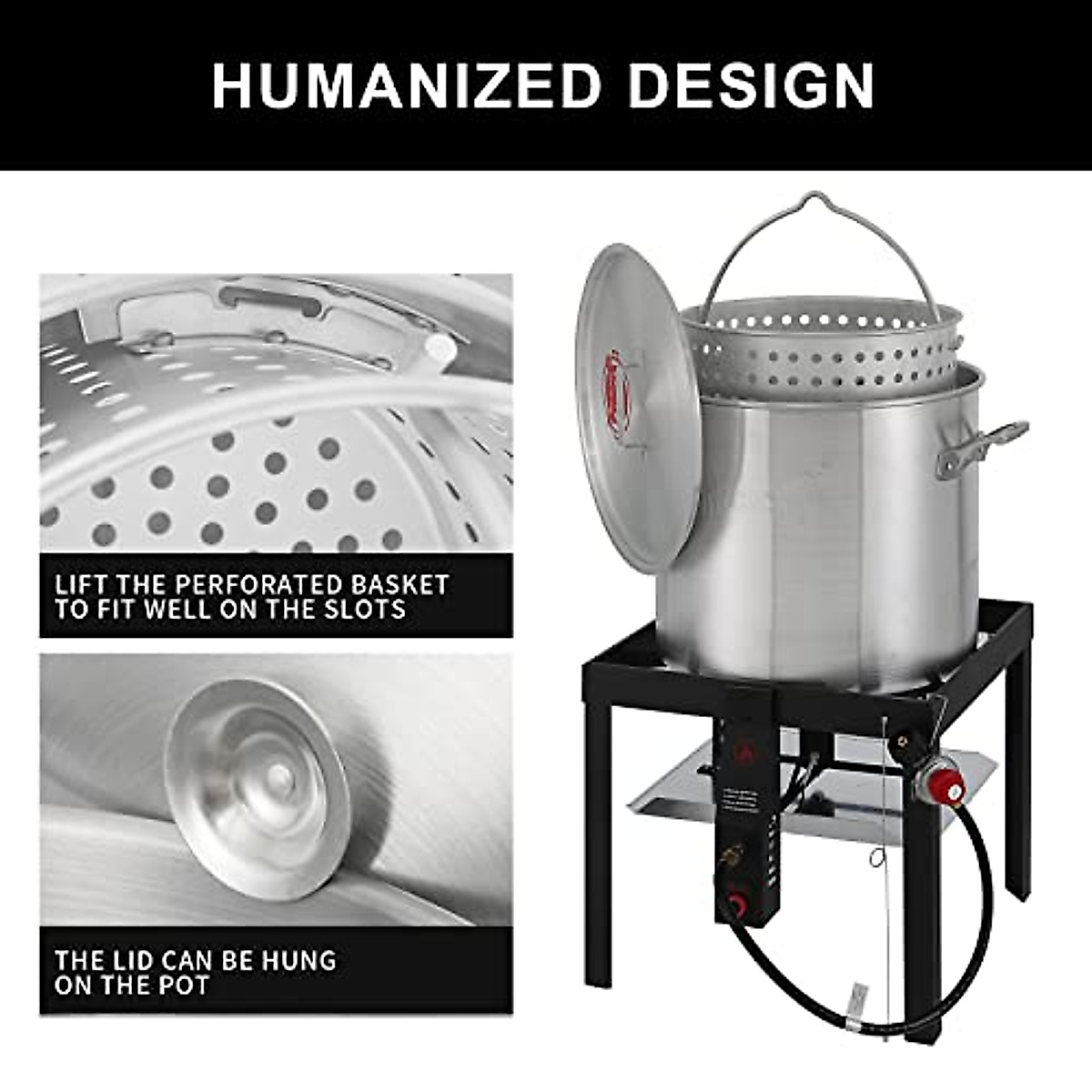 FEASTO 80QT Aluminum Boil Pot with Basket Perfect for Seafood Boiling and Steaming, Outdoor Propane Gas Cooker with Adjustable 0-10 PSI Regulator, Non-Assembly Frame Stand