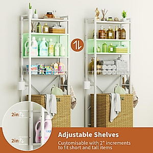 QUJEON Over The Toilet Storage Shelf, Above Toilet Bathroom Shelves with Toilet Paper Holder and 3-Hooks, 4 Tiers Toilet Rack for Bathroom, Fit Most Toilets, (White)