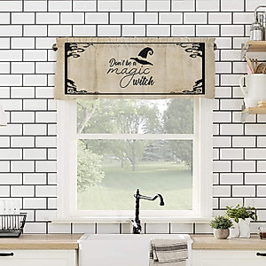 Seven Roses Don't Be a Magic Witch Halloween Lace Farmhouse Short Window Curtain Valances, Retro Beige Backdrop Rod Pocket Kitchen Valances for Living Room Bedroom Bathroom Cafe, 1 Panel - 54" x 18"