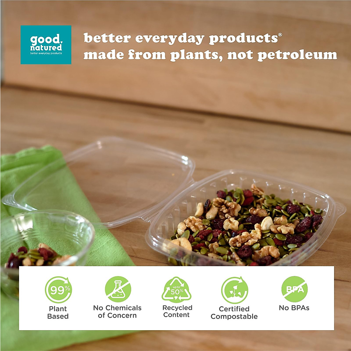 good natured 16 oz. 200 Pack - Multi-purpose Clamshell Package – 99% Plant-Based Clear Food Storage Containers – Lightweight To-Go Boxes - BPA - Free Food Packaging