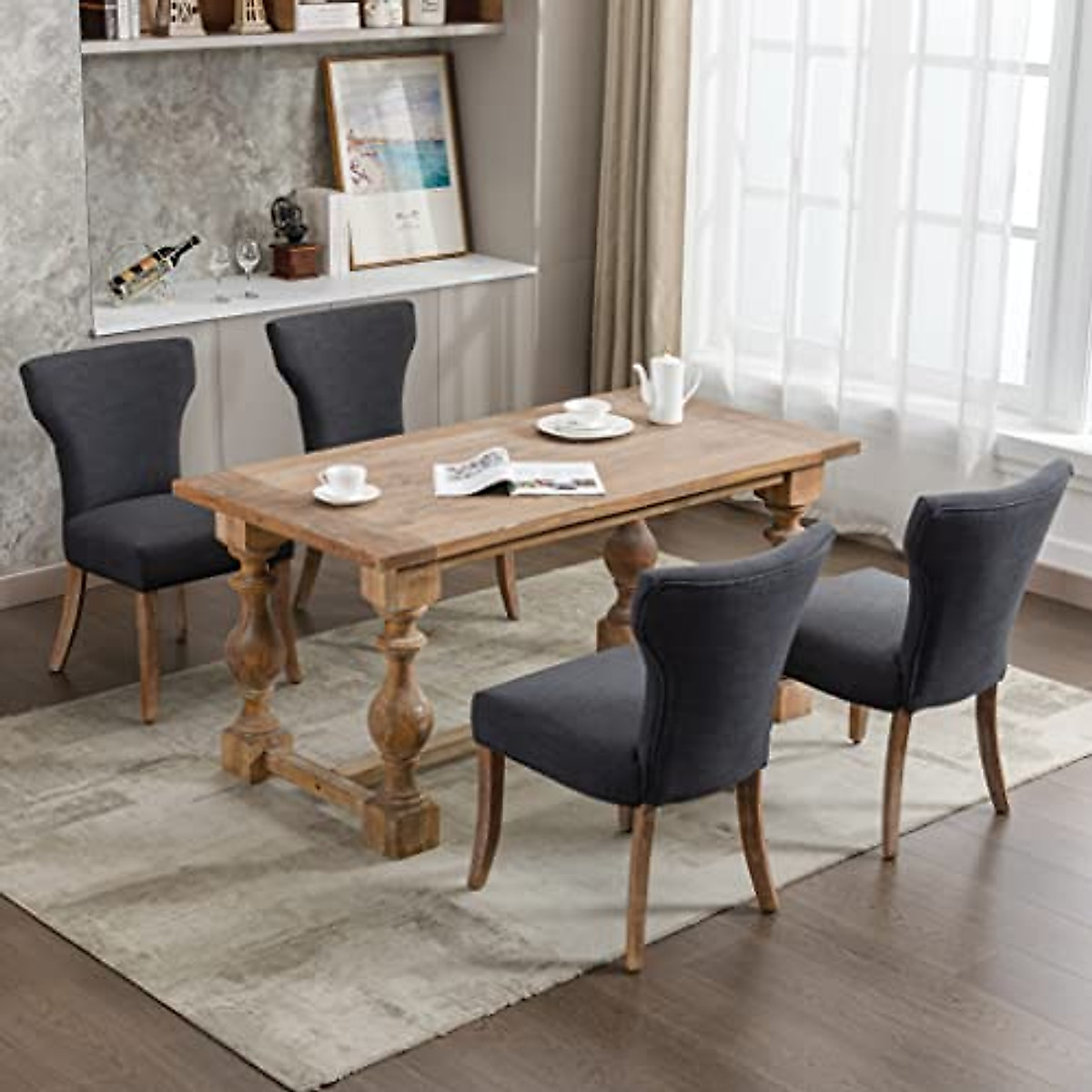 RIVOVA Linen Dining Chairs Set of 4, Modern Dining Chair with Wood Legs Upholstered Kitchen Dining Chairs, Charcoal