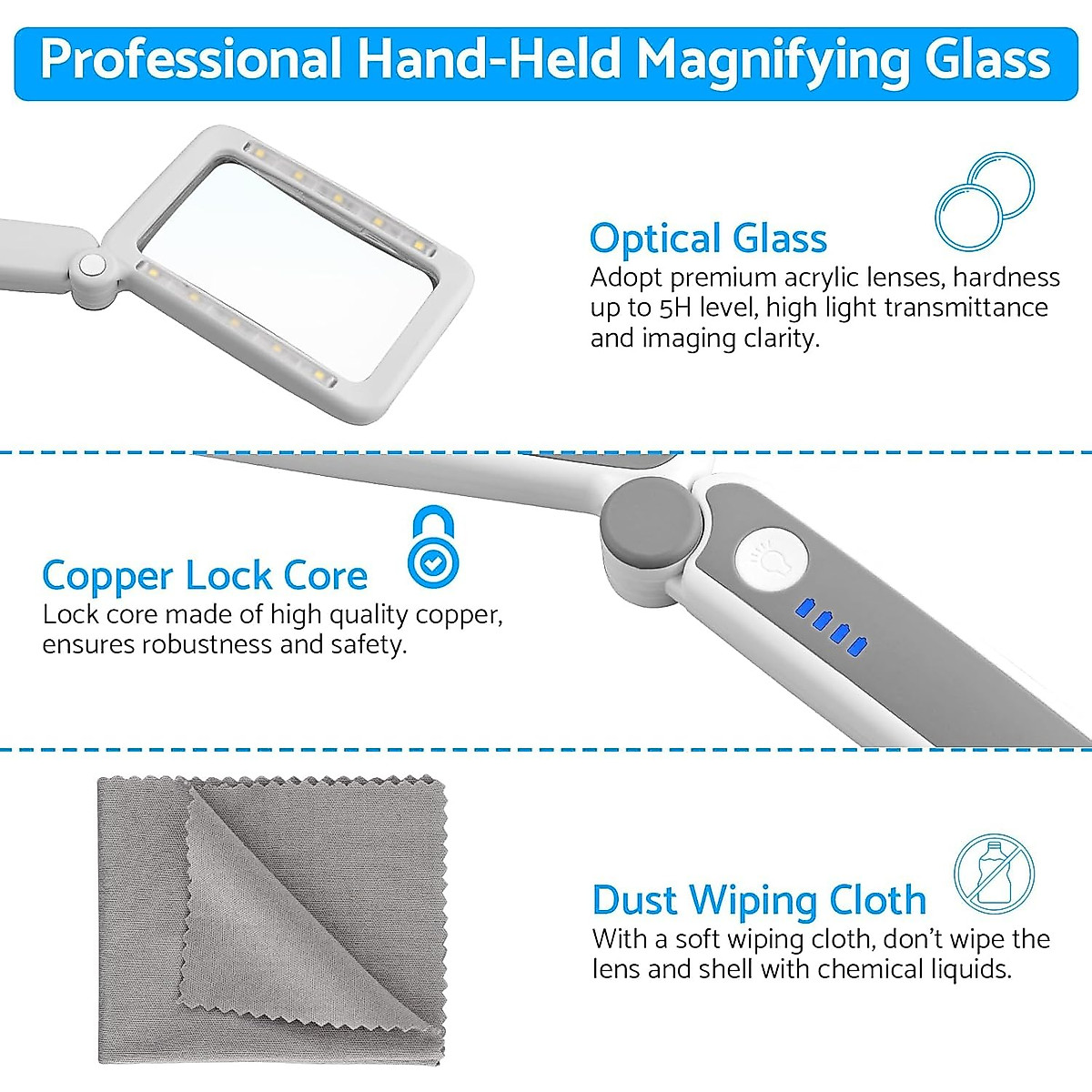 Handheld Magnifying Glass with Light,eSynic Rechargeable 4X Handheld Magnifying Glass High Clarity Acrylic Lenses Magnifying Glasses 4.3 * 2.5Inch Large Screen Handheld Magnifier for Reading etc