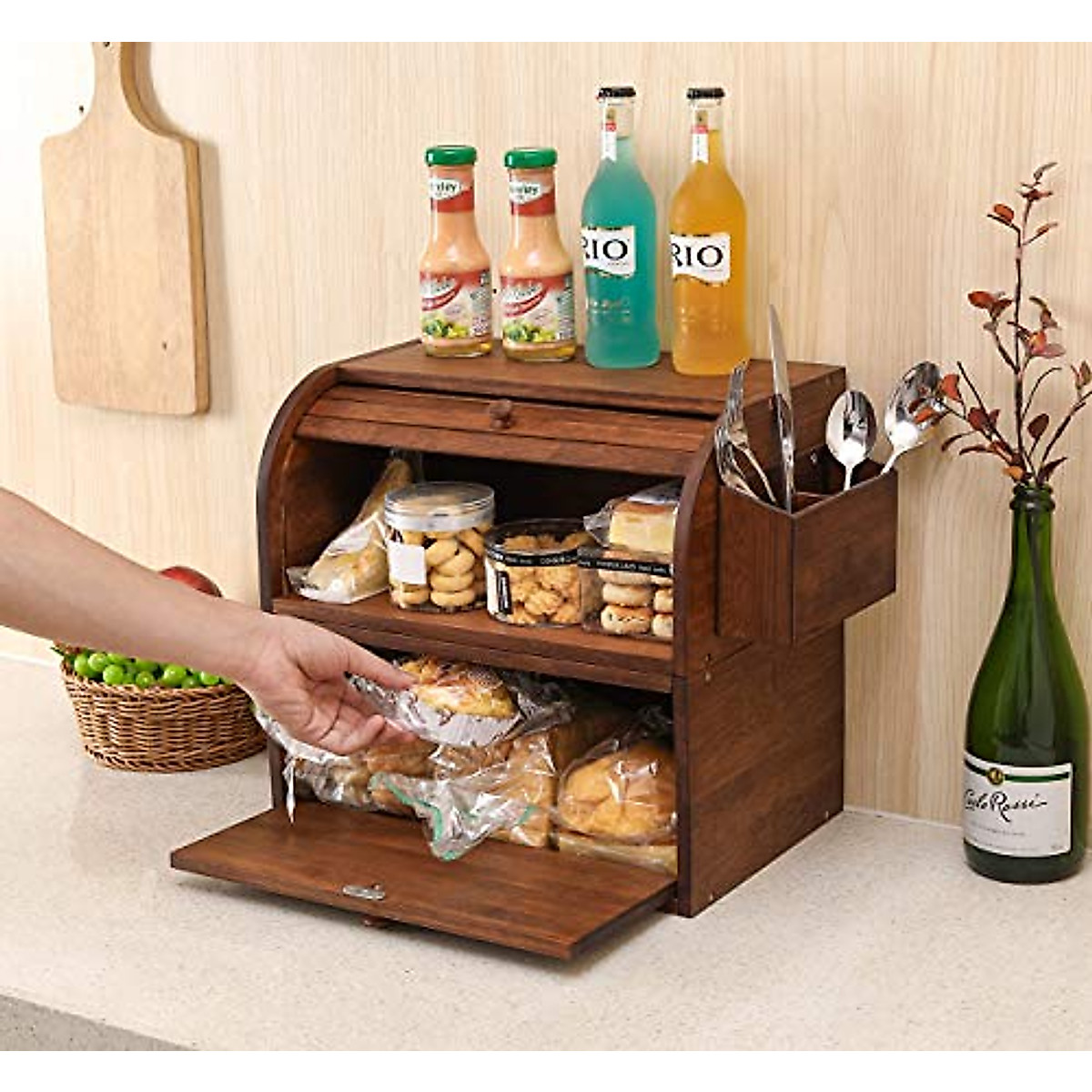 TQVAI Bamboo Bread Box for Kitchen Counter Dobule Layer Roll Top Bread Storage Container with Silverware Basket - Can Use as 2 Individual Bread Bin - Assembly Required, Retro Brown