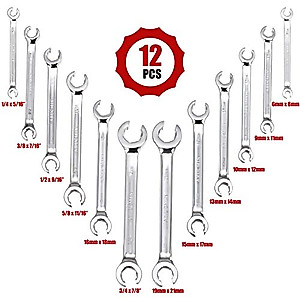 ARUCMIN Flare Nut Wrench Set,12-Piece Chrome Vanadium Steel Wrench Set SAE & Metric 1/4"-7/8" and 6-21mm with Organizer Box