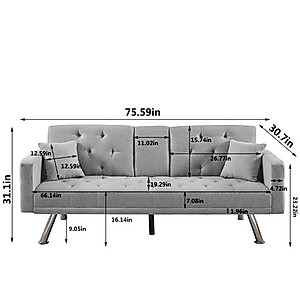 Eafurn Linen Upholstered Convertible Folding Futon Sofa Bed, Button Tufted Loveseat Couches for Compact Living Space, Apartment, Dorm, Bonus Room w/Metal Legs, 2 Cupholders,Comfy Sofa & Couches, Grey