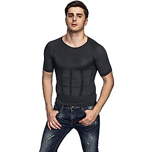 Odoland 3 Pack Men's Body Shaper Slimming Shirt Tummy Vest Thermal Compression Base Layer Slim Muscle Short Sleeve Shapewear, Grey/Grey/Grey, XL