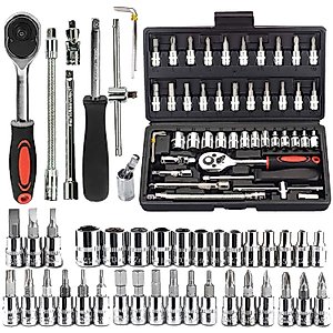 VEHIMACH Drive Socket Set, SAE and Metric Hex Bit Socket Set, Ratchet Wrench Set with S2 & CR-V Sockets, Mechanic Tool Kits for Auto Repair Household