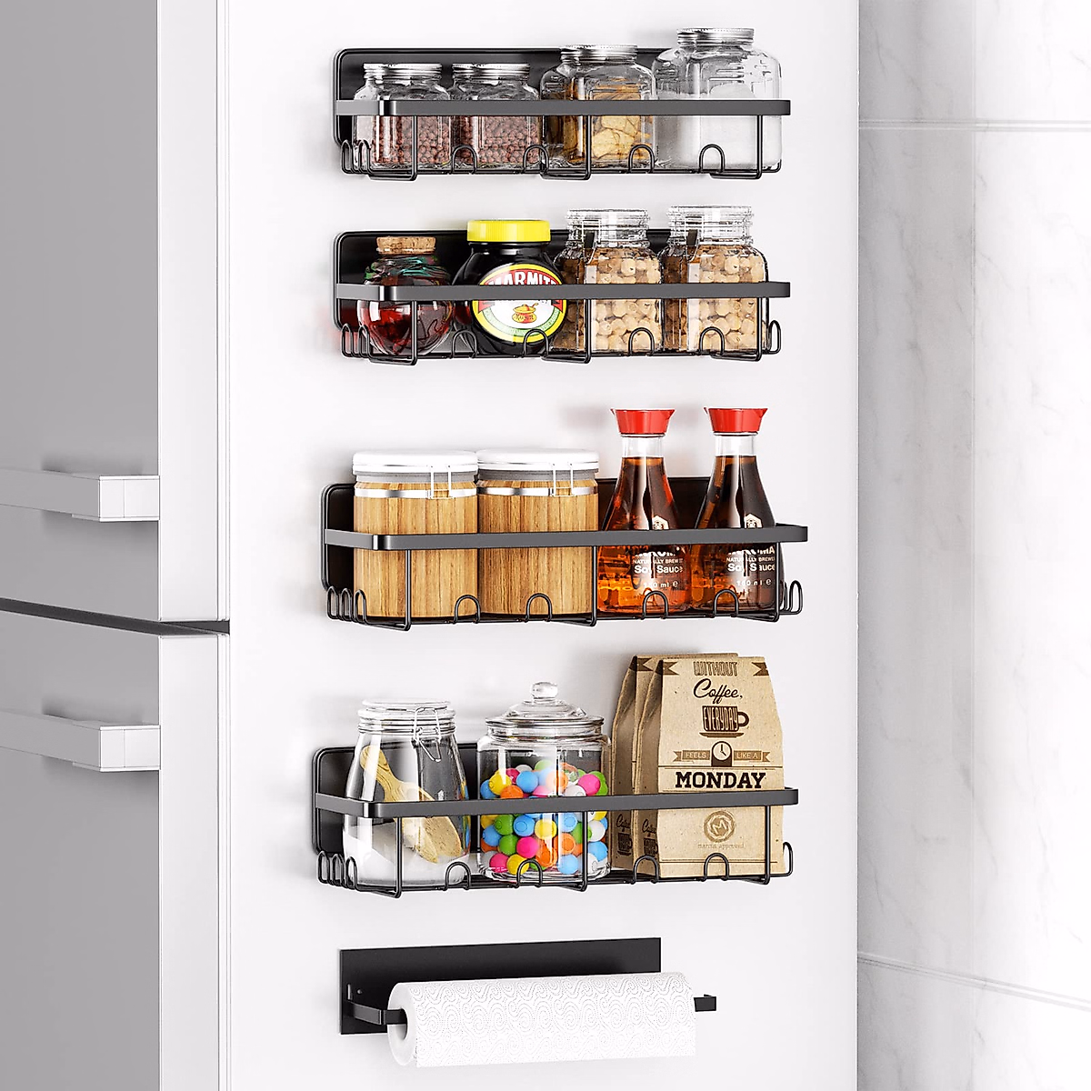 Magnetic Spice Rack for Refrigerator, Magnetic Shelf with Paper Towel Holder, Moveable Kitchen Refrigerator Seasoning Storage Rack Fridge Magnet Organizer, Kitchen Gadgets for Refrigerator, Microwave