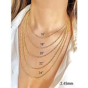 JEWELHEART 14K Real Gold Singapore Necklace - 2.45mm Diamond Cut Twisted Chain Necklace - Dainty Yellow Gold Chain For Women with Lobster Clasp 18"