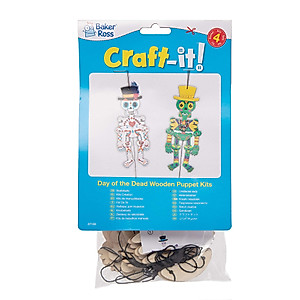 Baker Ross AT108 Wooden Skeleton Puppet Kit - Pack of 4, Wood Craft Kit for Kids Day of The Dead Arts Activities
