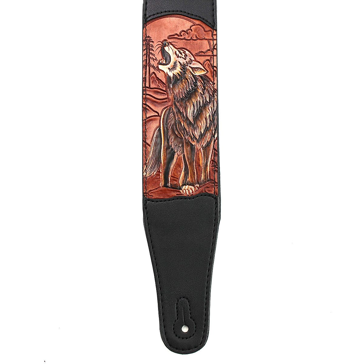 Walker & Williams CVG-WL-R Hand Carved Brick Red & Brown Howling Timber Wolf On Black Leather Guitar Strap For Acoustic, Electric, And Bass Guitars