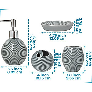 Designer 4-Piece Bathroom Accessory Set – Ceramic Bath Set w/Liquid Soap or Lotion Dispenser, Toothbrush Holder, Tumbler and Soap Dish – Decorative Set w/Embossed Details – Modern Vanity Accessories