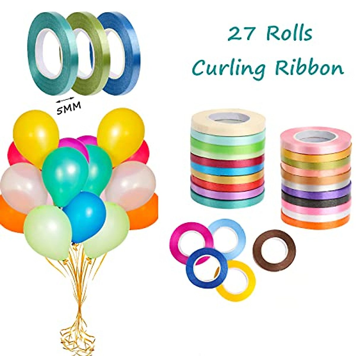 WELTOKE 27 Rolls Curling Ribbon Balloon String Roll Gift Wrapping Ribbon for Wrapping, Crafting, Wedding, Party, Festival, Florist Flower(1/5 " Wide / 27 Colors)