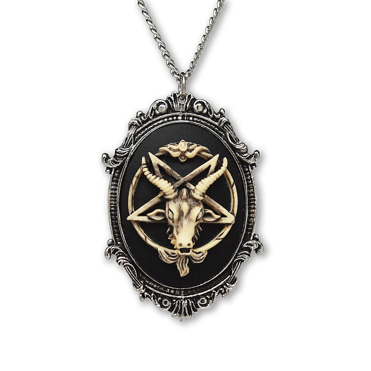 Antiqued Goat Head Satanic Baphomet Cameo Bone on Black In Silver Finish Frame Pendant Necklace