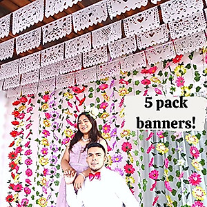 5 Pk Mexican wedding decorations, 50 Panels of White Papel Picado Paper Flags for weddings, rehearsal dinners 60 ft total Mexican Bridal Shower Papel Picado banner para fiesta TISSUE PAPER WS400