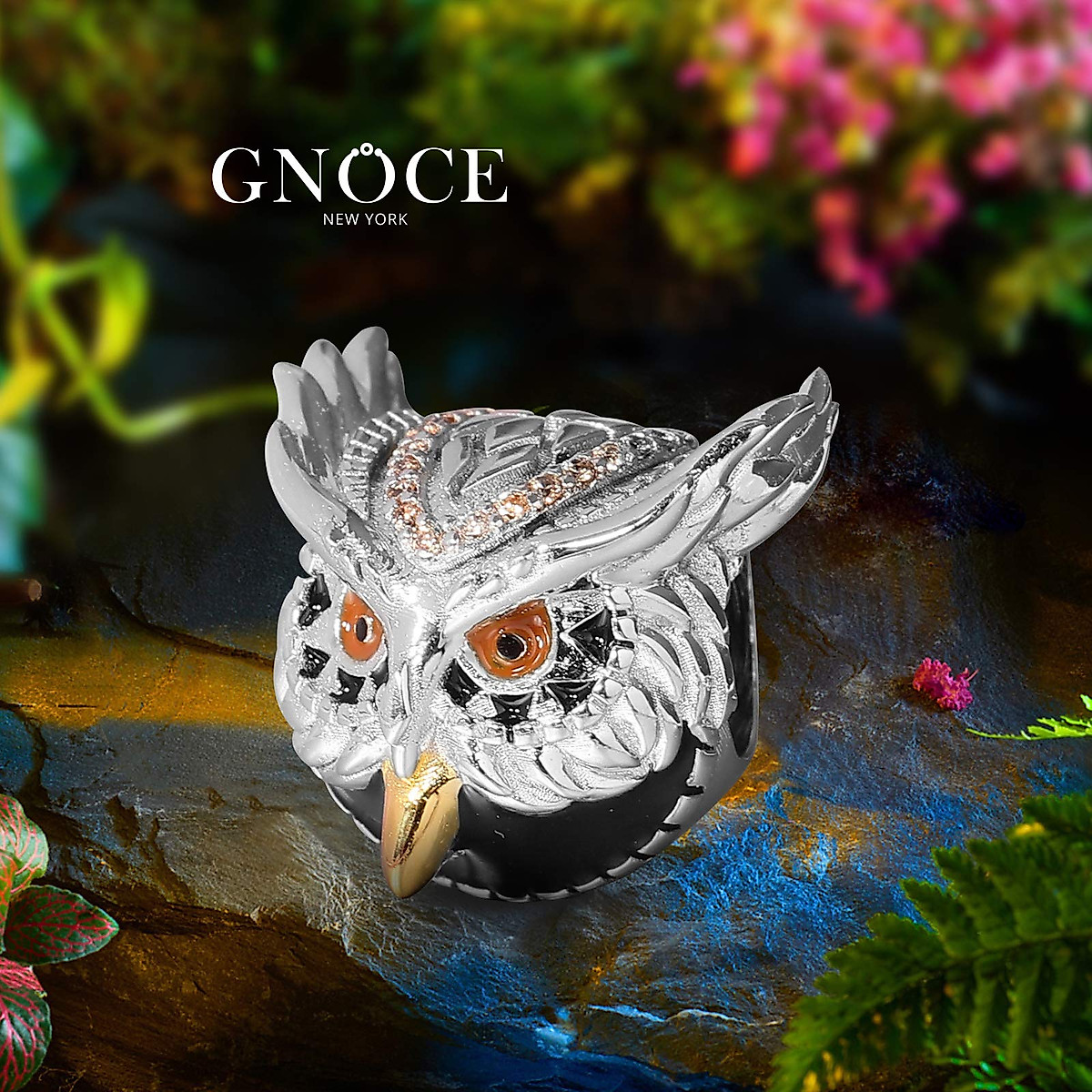 GNOCE Owl Charm Bead Sterling Silver Animal Charm inlaid with Stones Fit Bracelet/Necklace for Women Wife