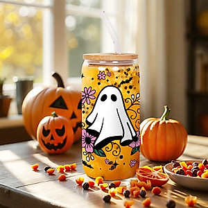 ONEVIVE Halloween Glass Cups with Lids Straws, Spooky Ghost Pumpkin Drinking Glasses, Cute 16oz Can Shaped Flower Tumbler Iced Coffee Cup Gifts for Women (Purple)