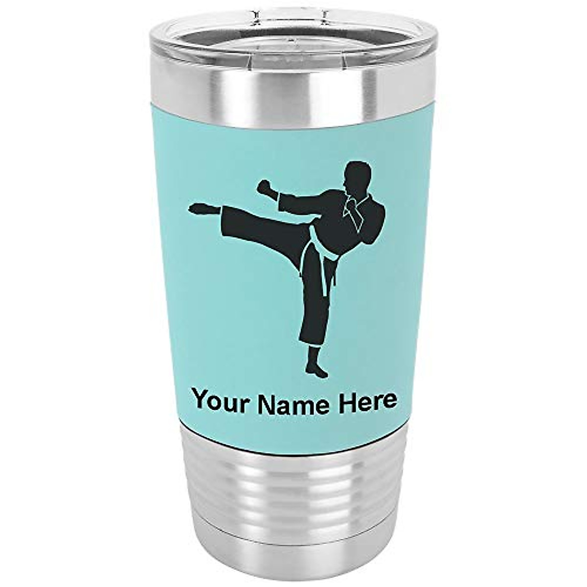 LaserGram 20oz Vacuum Insulated Tumbler Mug, Karate Man, Personalized Engraving Included (Silicone Grip, Teal)